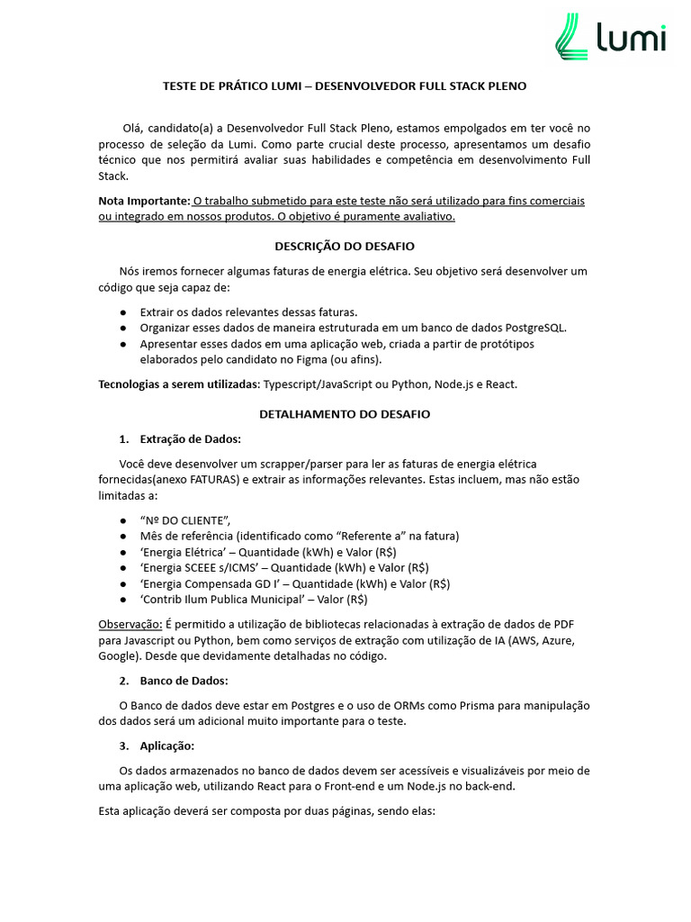 Teste Pratico - Dev Full Stack - Lumi | PDF