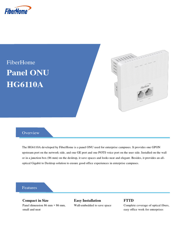 FiberHome HG6110A Panel ONU Overview | PDF | Telecommunications ...