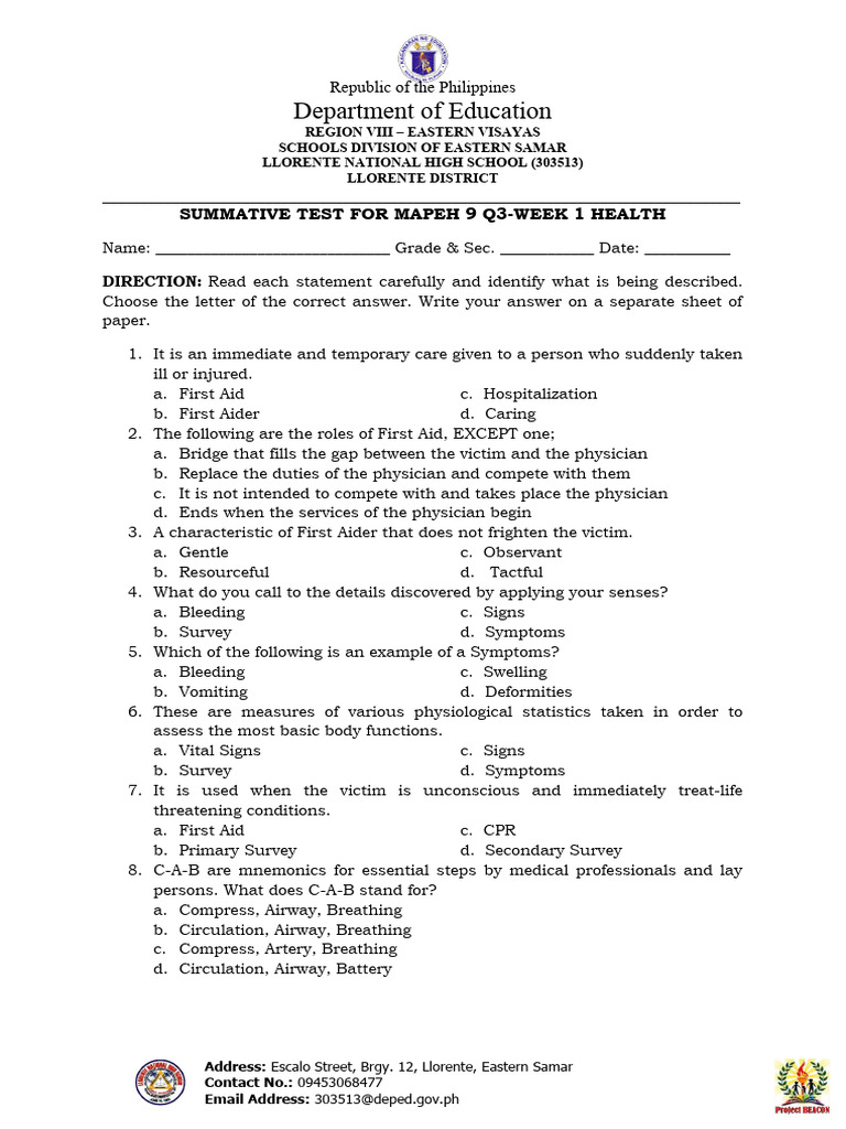 Q3-Attachment-Summative Test in Health9-Wk1 | PDF | First Aid | Wound
