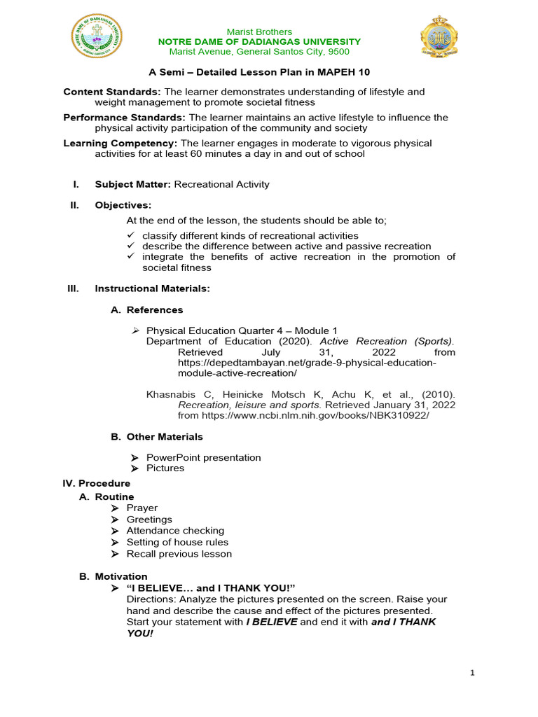 A Semi-Detailed Lesson Plan For PE | PDF | Recreation | Learning