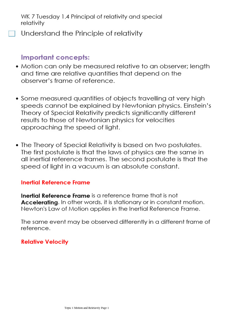 Principal of Relativity and Special Relativity | PDF | Special ...