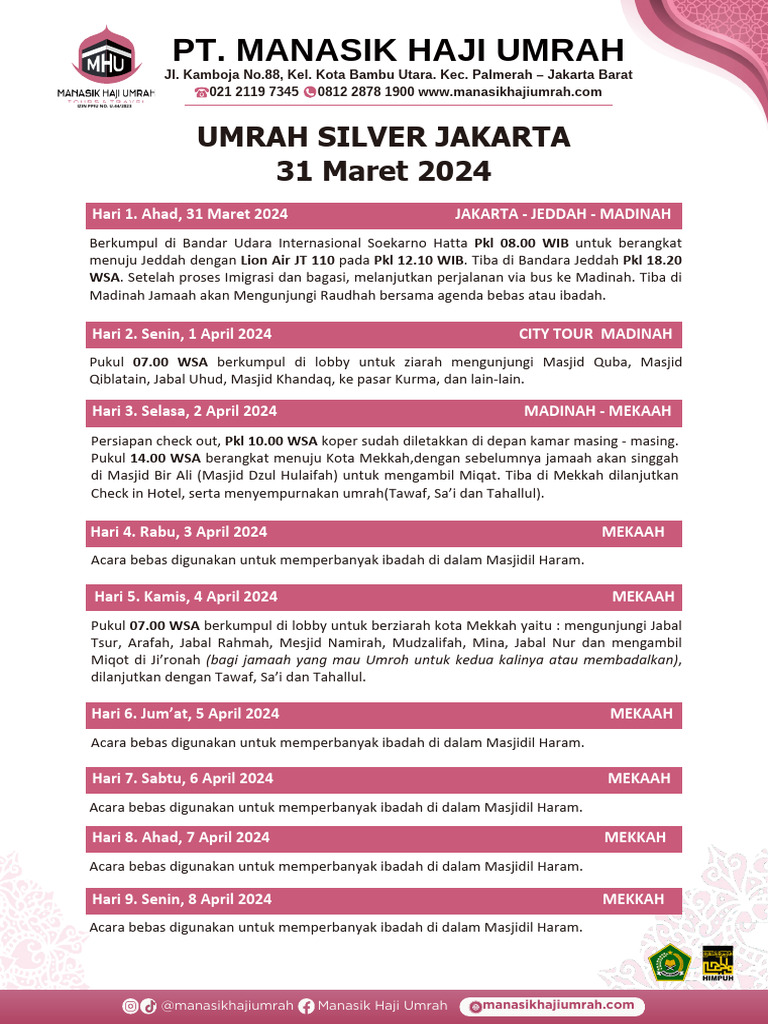 Itinerary Umrah 31 Maret Cgk-Jed Paket Silver... | PDF