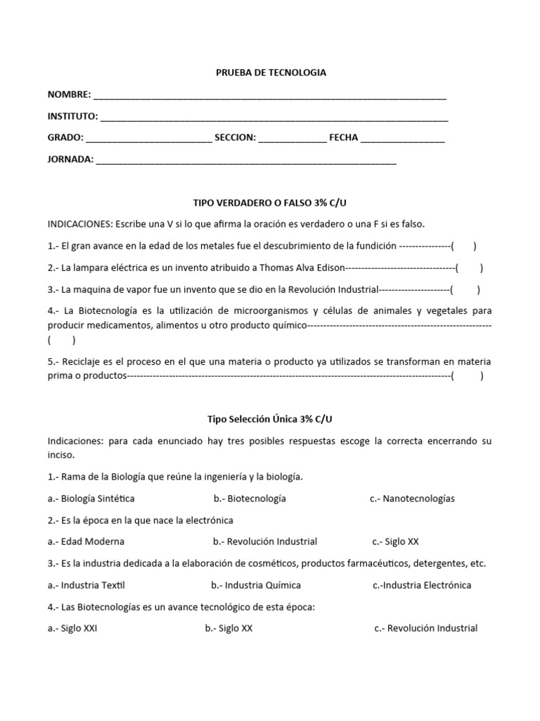 Prueba de Tecnologia | PDF | Biotecnología | Revolución industrial
