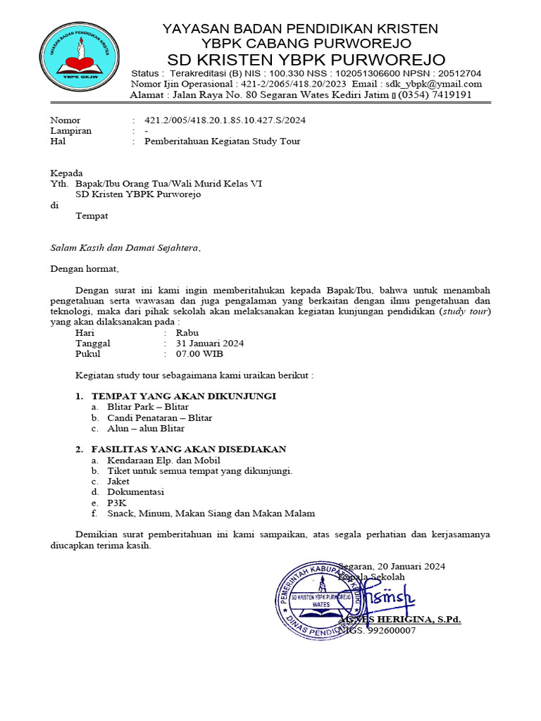 Surat Pemberitahuan Study Tour | PDF