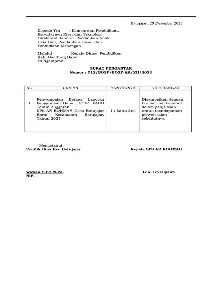 Surat Pengantar LPJ BOSP 2023 | PDF