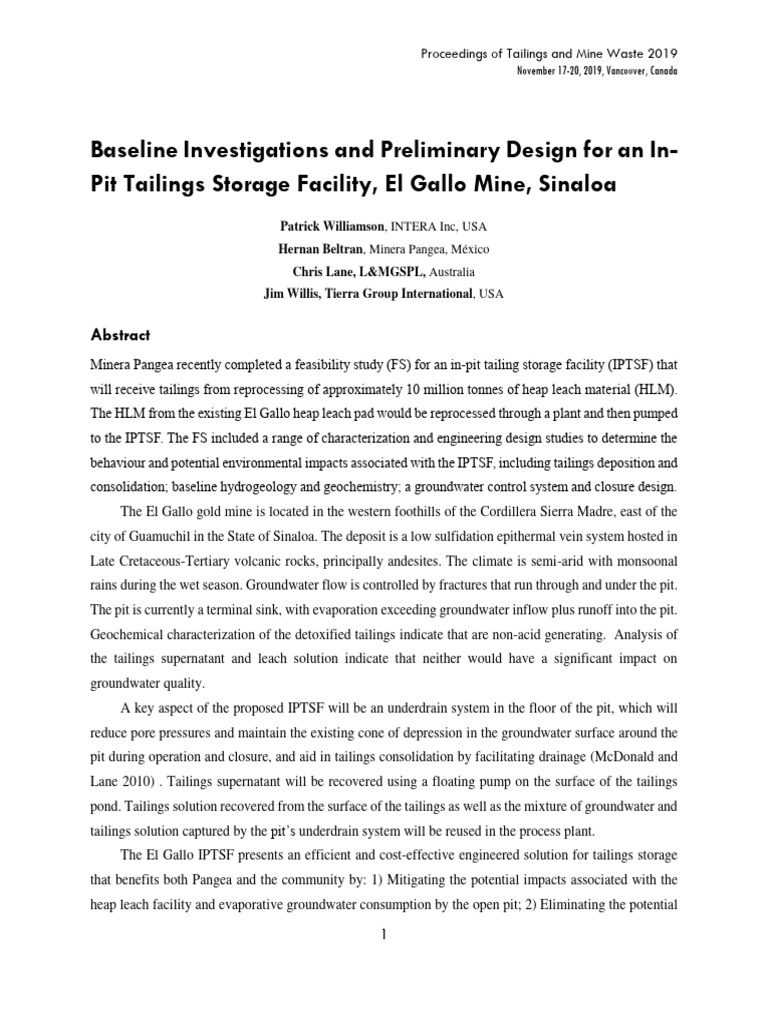 Baseline Investigations and Prelim Design For in Pit TSF - JW | PDF ...