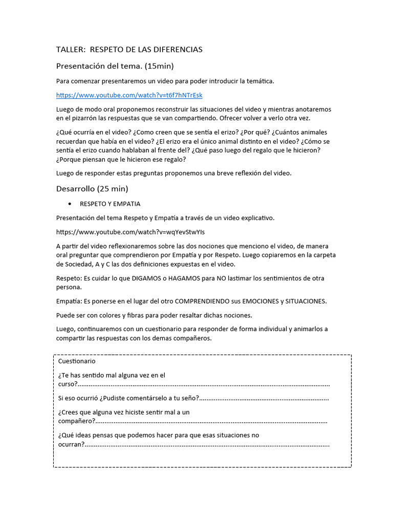 Taller Tolerancia A Las Diferencias | PDF | Empatía