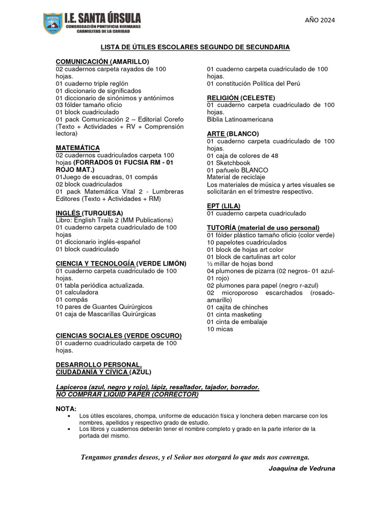 Lista de Utiles Escolares de 2do Secundaria 2024 | PDF | Arco iris | Ligero