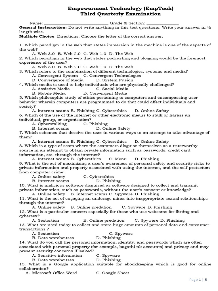 EmpTech Quarterly Exam Overview | PDF | Spyware | Phishing