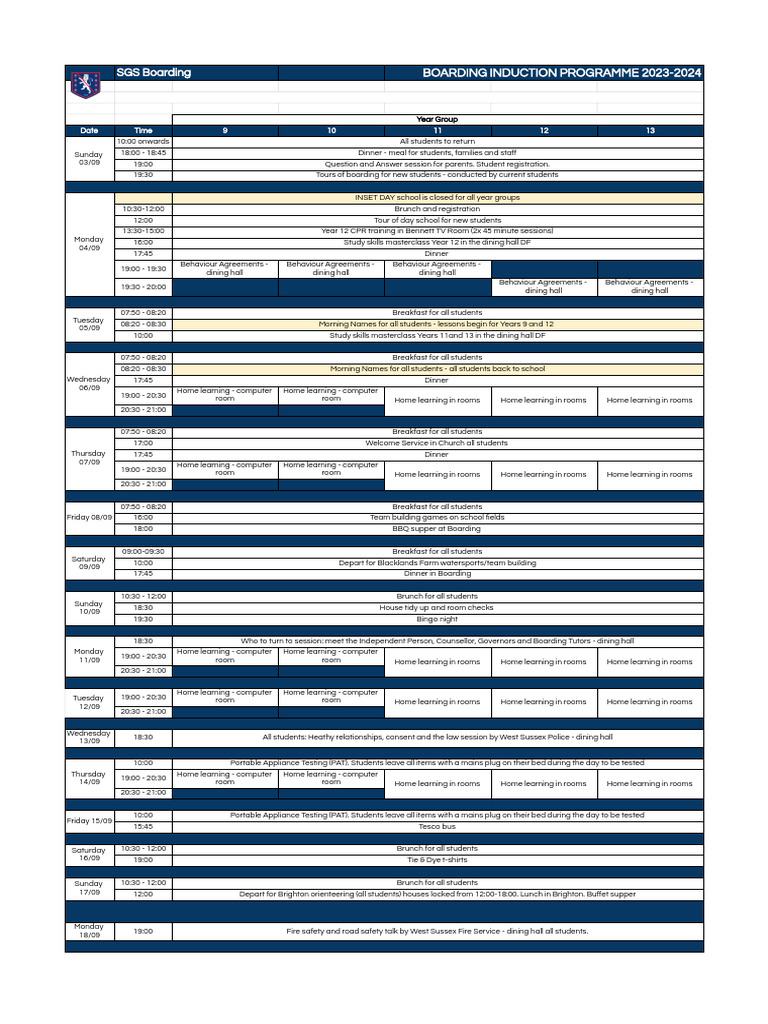 2023 2024 Boarding Induction Programme Sheet1 | PDF | Dinner | Meal