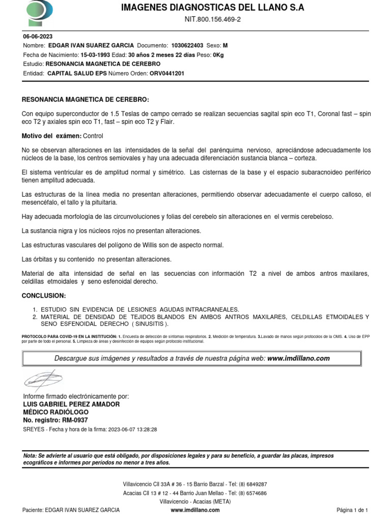 Informe de Resonancia Magnética Cerebral | PDF | Imagen de resonancia ...
