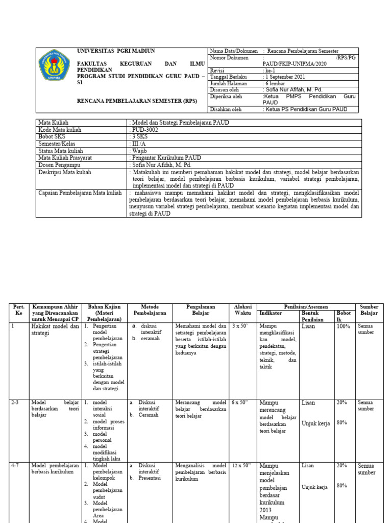 RPS Model dan Strategi Pembelajaran PAUD | PDF
