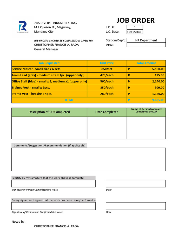 Company Job Order | PDF