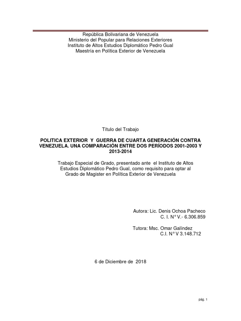 Ochoa Politica Exterior y Guerra de 4ta Generacion | PDF | Venezuela | Democracia