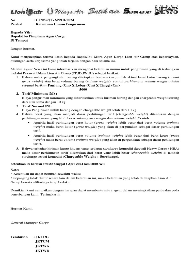 Ketentuan Pengiriman Kargo Lion Air | PDF