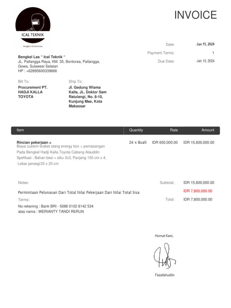 Invoice # 9 Bengkel ICAL LAS - 16-10-23 | PDF