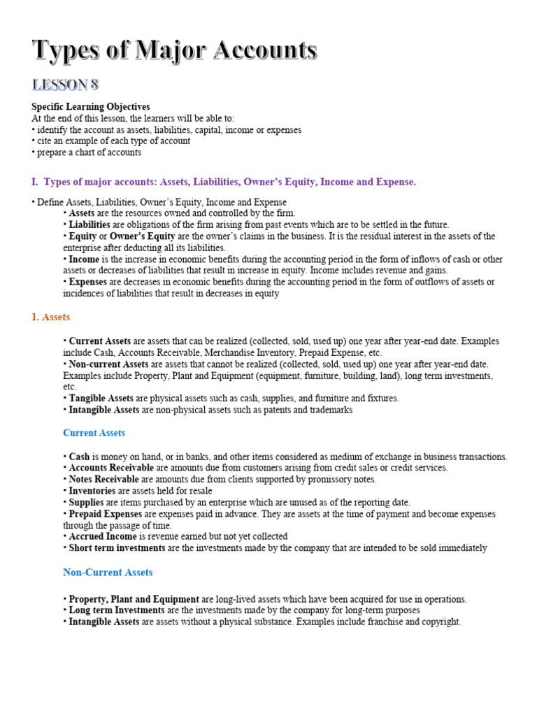 LESSON 8 - Types of Major Accounts | PDF | Expense | Debits And Credits