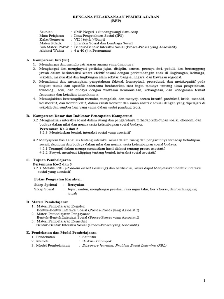 RPP K-13 IPS-VII Bentuk-Bentuk Interaksi Sosial (Proses-Proses Yang Assosiatif) No 008 | PDF
