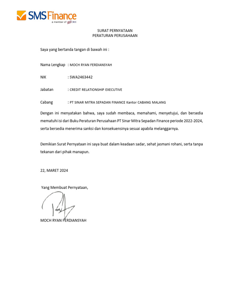Surat Pernyataan Peraturan Perusahaan | PDF