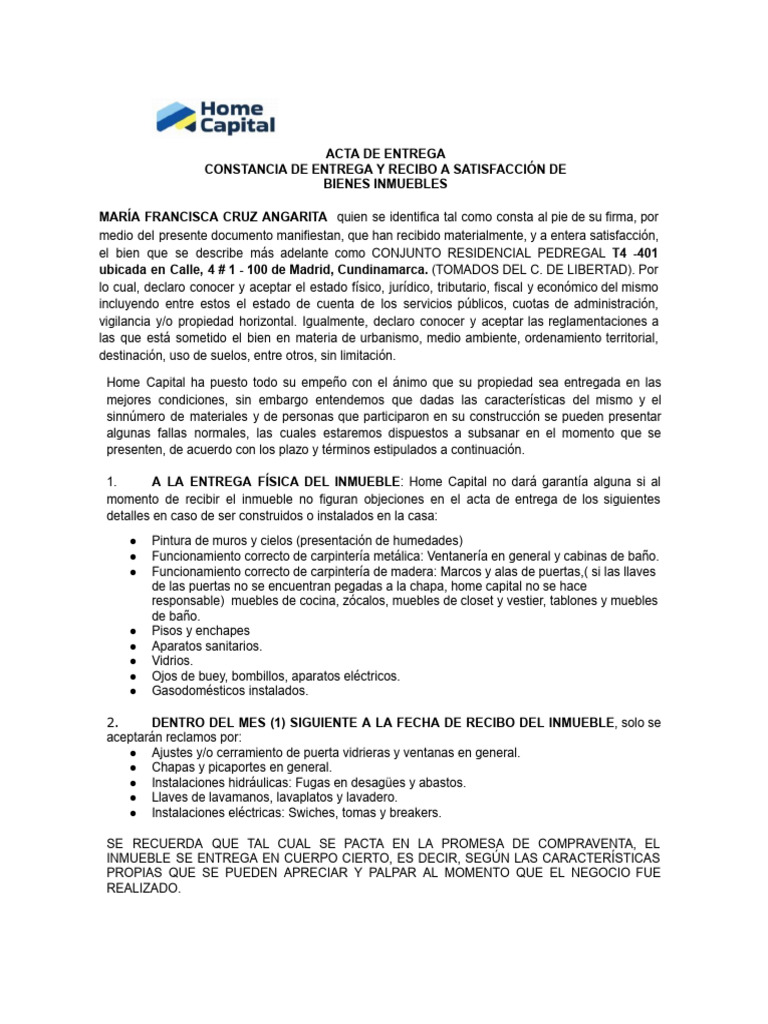 Acta de Entrega Venta | PDF