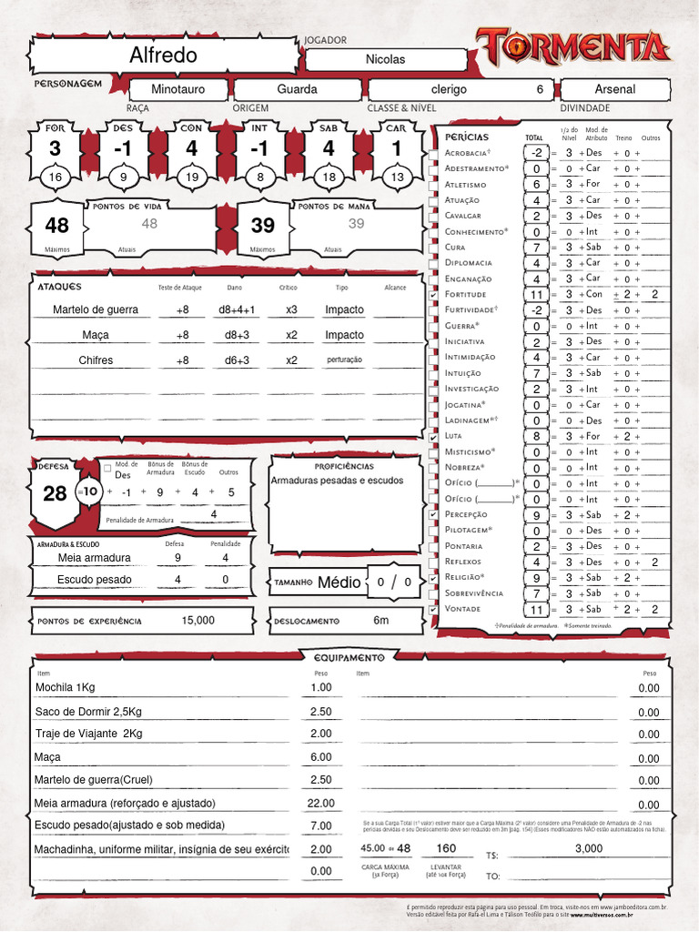 Ficha de Personagem Clerigo Minotauro | PDF