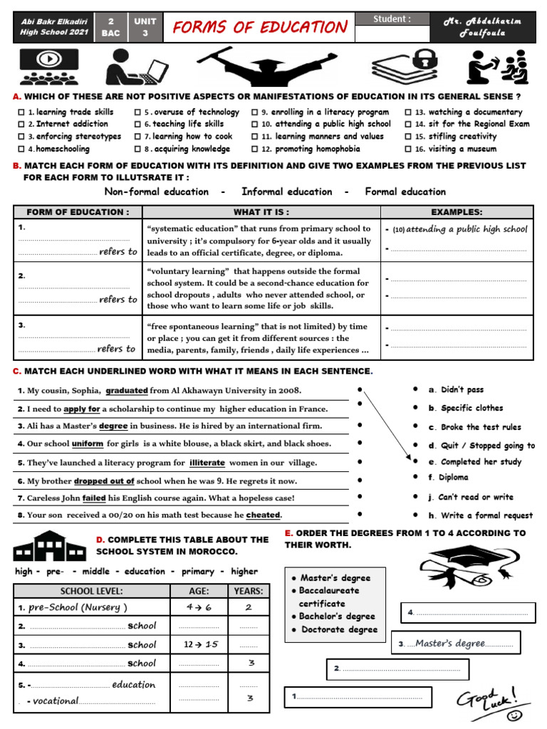 2 Bac Forms of Education Intro and Vocab Lesson | PDF | Schools ...