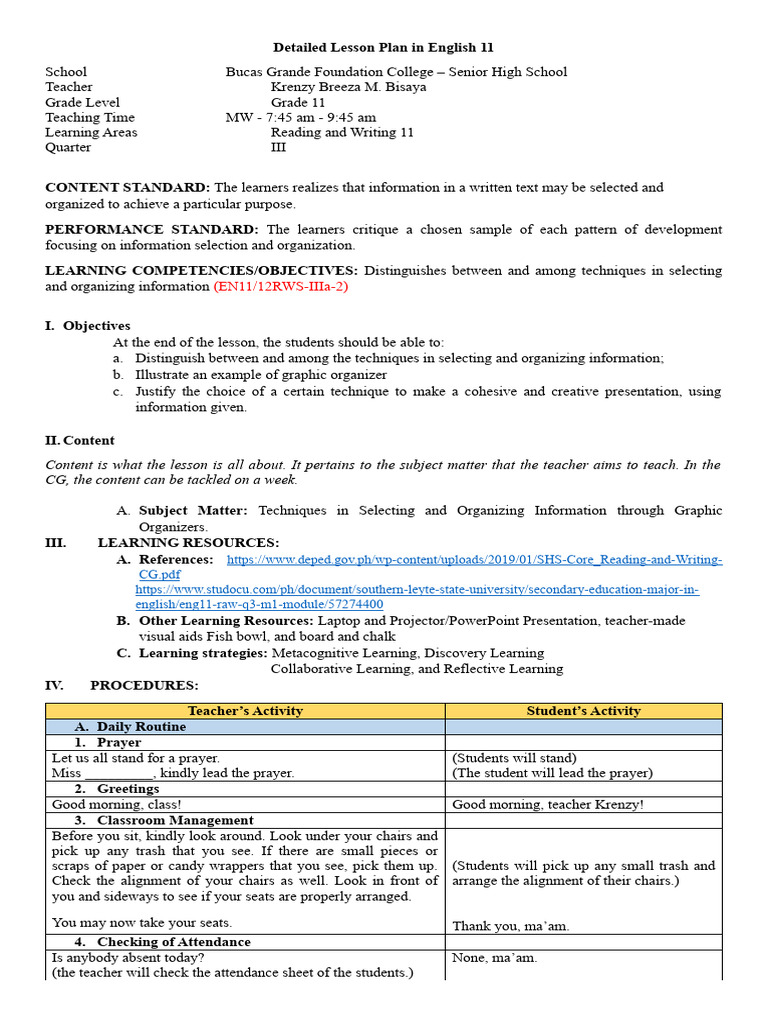 Detailed Lesson Plan in English 11 | PDF | Learning | Lesson Plan