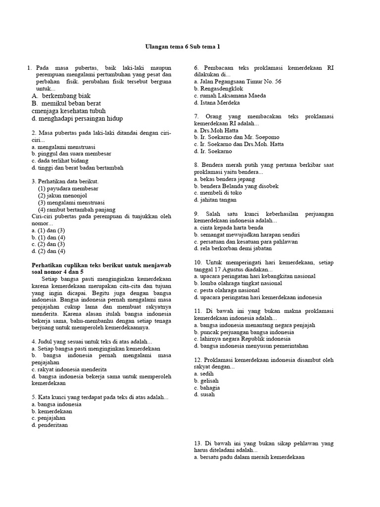 Ulangan Tema 6 Sub Tema 1 | PDF