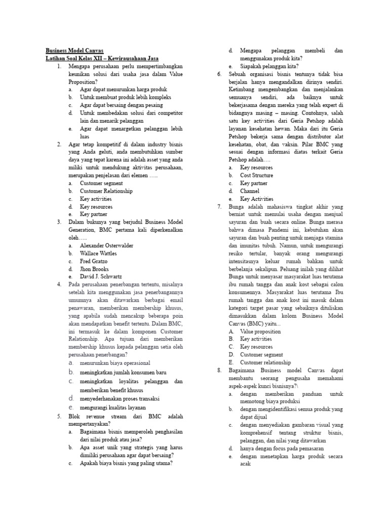 Soal Latihan Business Model Canvas | PDF