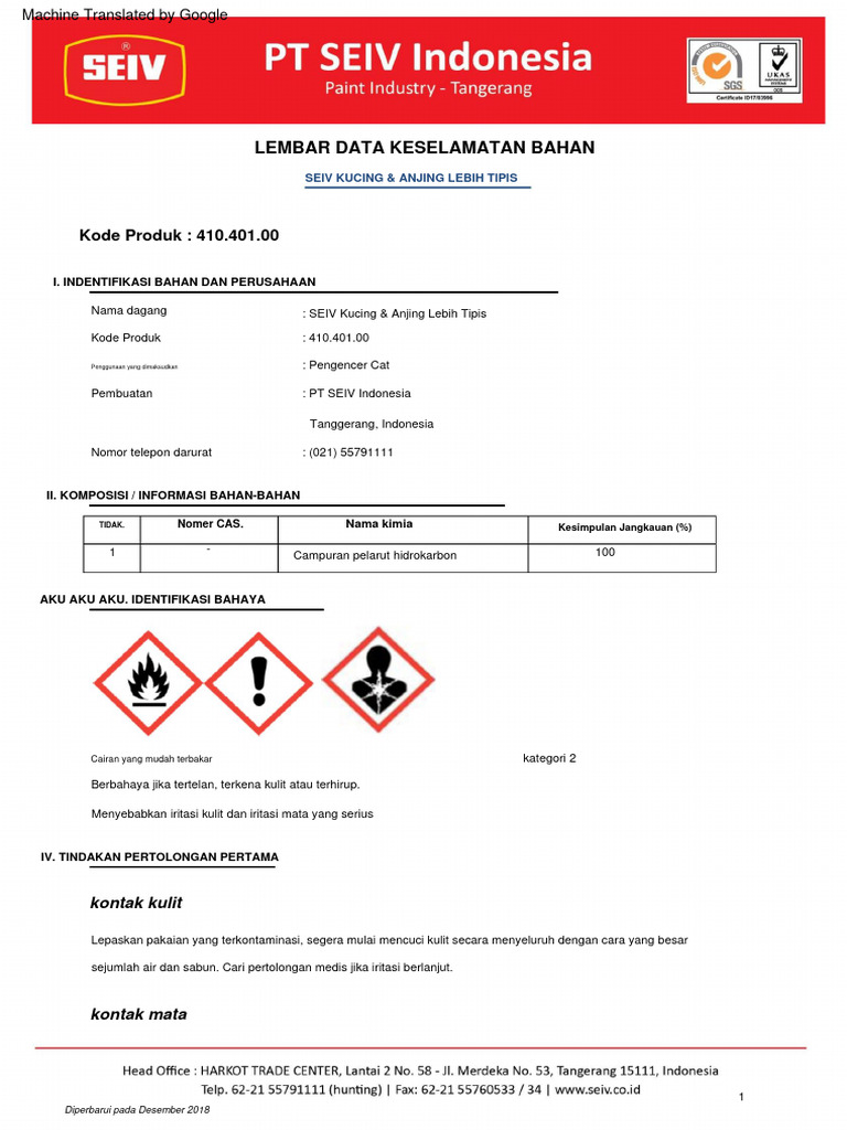 MSDS Seiv Thinner B | PDF