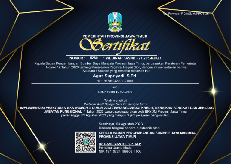 SERTIFIKAT Agus Supriyadi, S.PD ASN SERI 27 | PDF