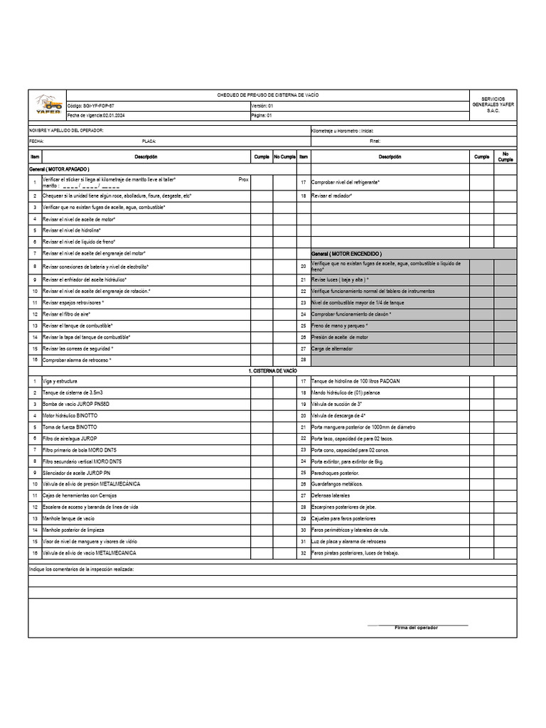 Check List de Cisterna de Vacío-Yafer | PDF | Vehículos
