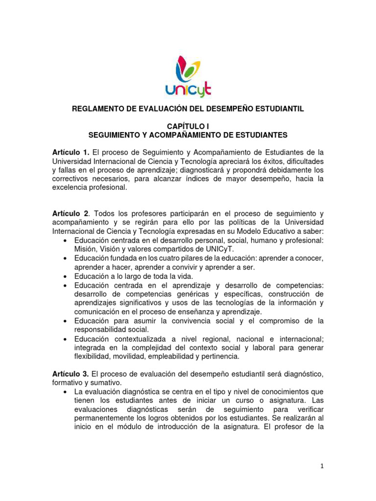 Unicyt Reglamento de Evaluacion Del Desempeno Estudiantil | PDF | Evaluación | Aprendizaje