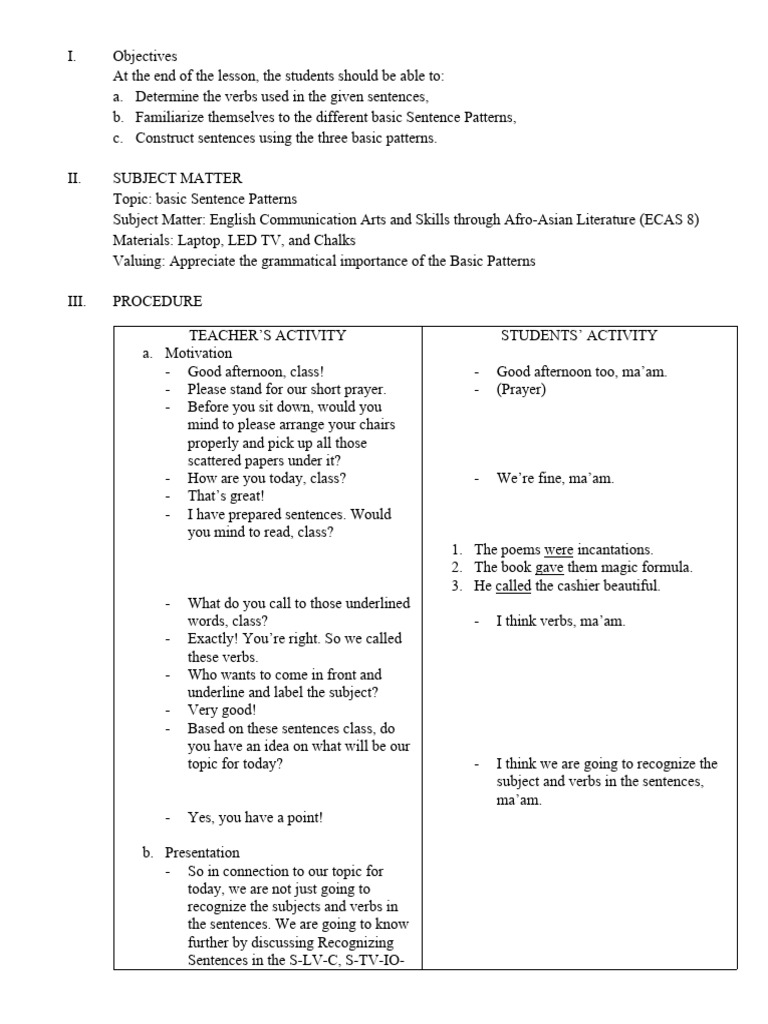 Patterns Lesson Plan | PDF | Verb | Subject (Grammar)