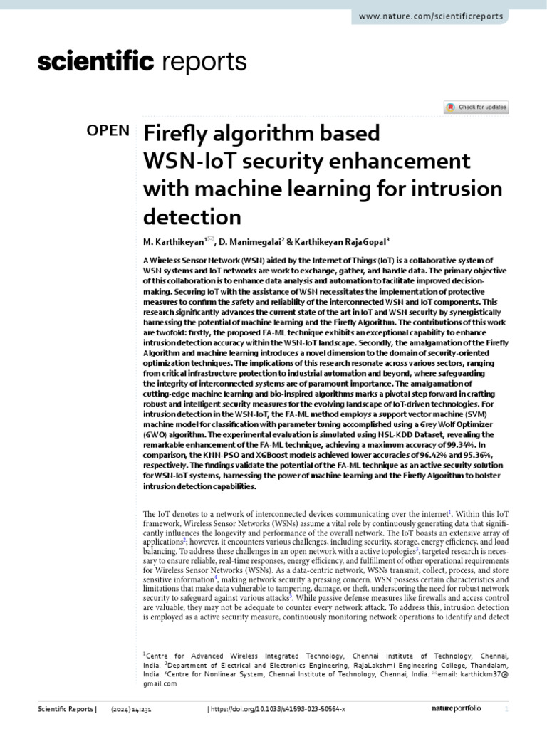 Firefly Algorithm Based WSN Iot Security Enhancement With Machine Learning For Intrusion ...