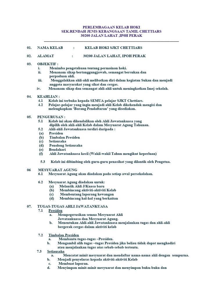 Perlembagaan Kelab Hoki | PDF