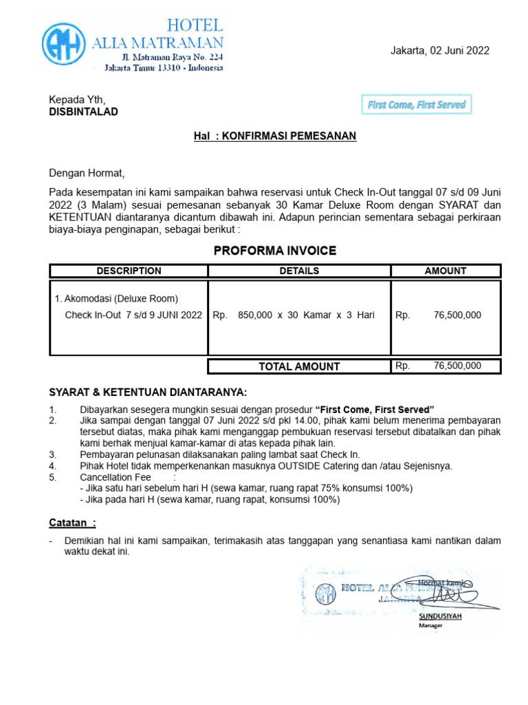 Proforma Invoice Pemesanan Hotel | PDF