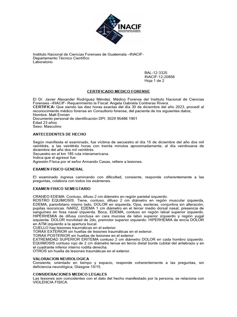 Informe Medico Forense | PDF | Medicina CLINICA | Especialidades Medicas