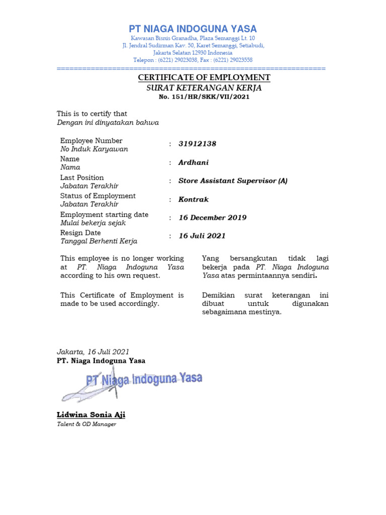 Surat Keterangan Kerja Ardhani | PDF