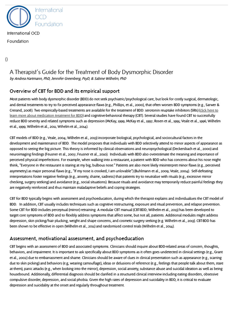 A Therapist's Guide For The Treatment of Body Dysmorphic Disorder - BDD | PDF | Cognitive ...