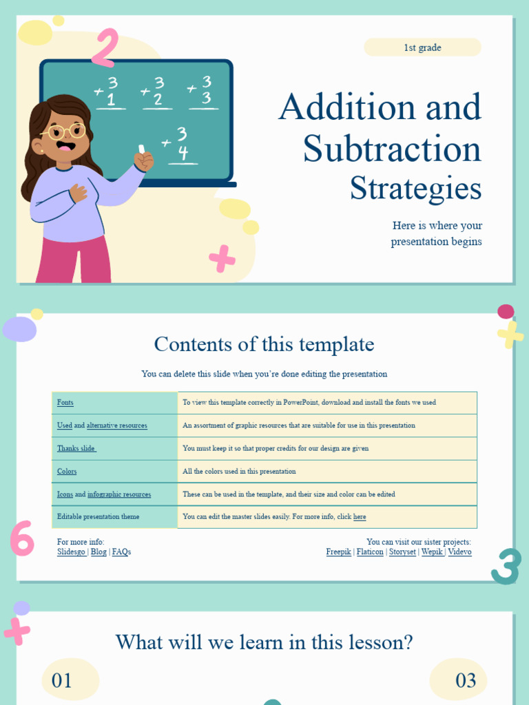Addition and Subtraction Strategies - 1st Grade by Slidesgo | PDF
