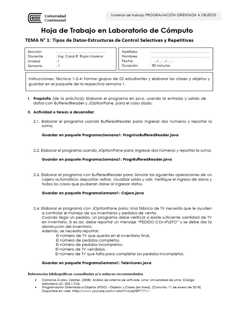 PROG ORIENTADA A OBJETOS Guía Practica Semana1 | PDF | Programa de computadora | Programación