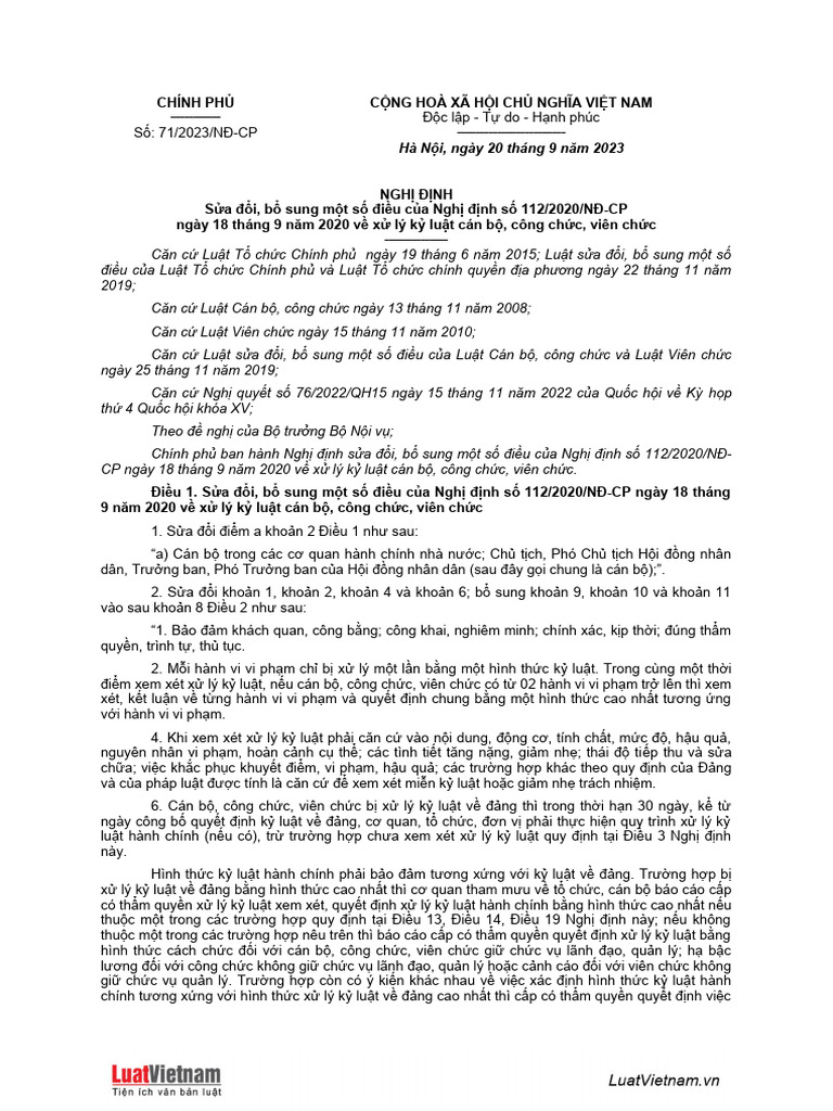 Nghi Dinh 71 2023 ND CP Sua ND 112 2020 Ve Xu Ly Ky Luat Can Bo CCVC | PDF