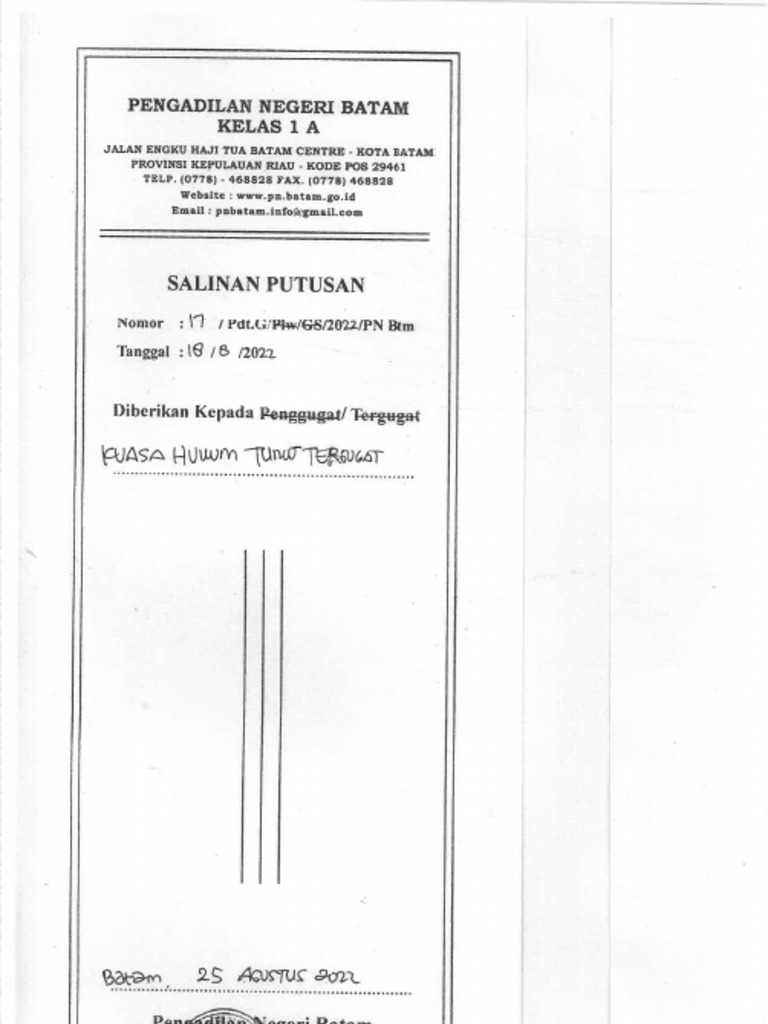 Salinan Putusan Perkara Nomor 17 - PDT.G - 2022 - PN - BTM | PDF