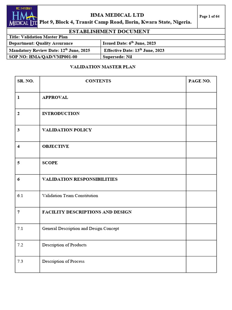 Validation Master Plan Overview | PDF | Verification And Validation