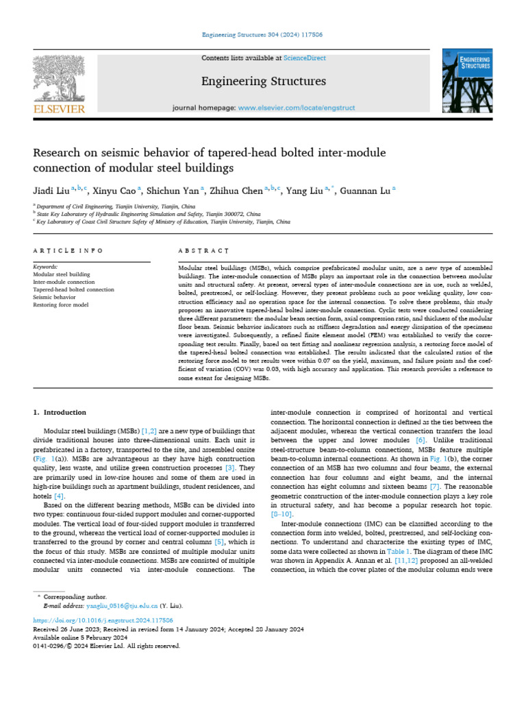 Research On Seismic Behavior of Tapered-Head Bolted Inter-Module | PDF | Screw | Deformation ...