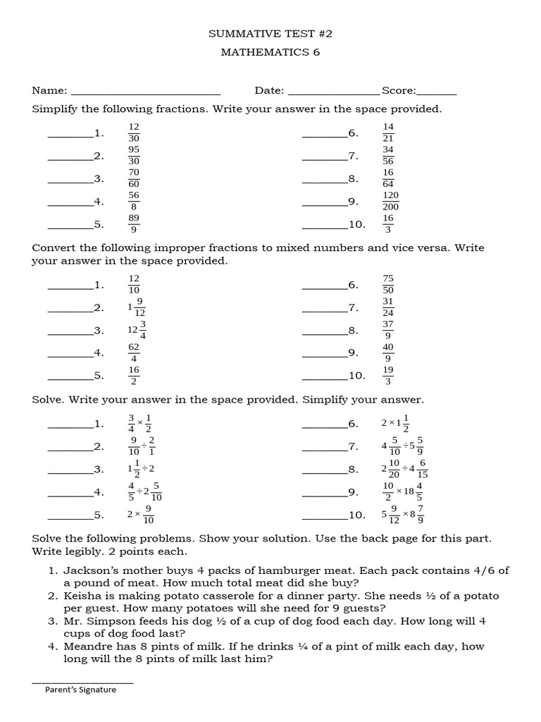 Summative Test 2 Math 6 | PDF