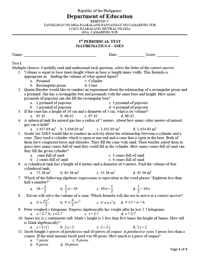 Periodical Test Math 6 3rd Quarter | PDF | Area | Volume