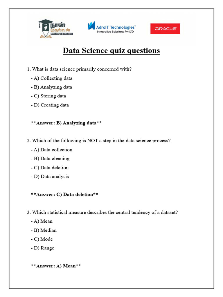 Data Science Quiz Questions | PDF | Data Analysis | Machine Learning Data Science Quiz Questions | PDF | Data Analysis | Machine Learning