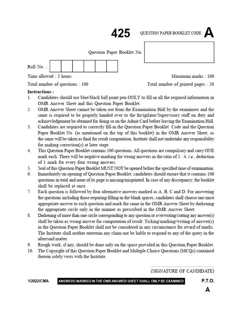Instructions:: Question Paper Booklet Code | PDF